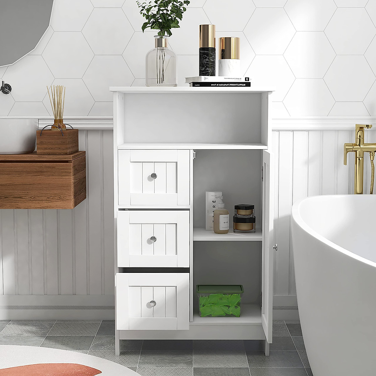 Knocbel Bathroom Floor Storage Cabinet with 3 Drawers, Open Compartment and Single Door, Free Standing Bath Organizer Unit, 23.6" W x 11.8" D x 39.6" H (White)