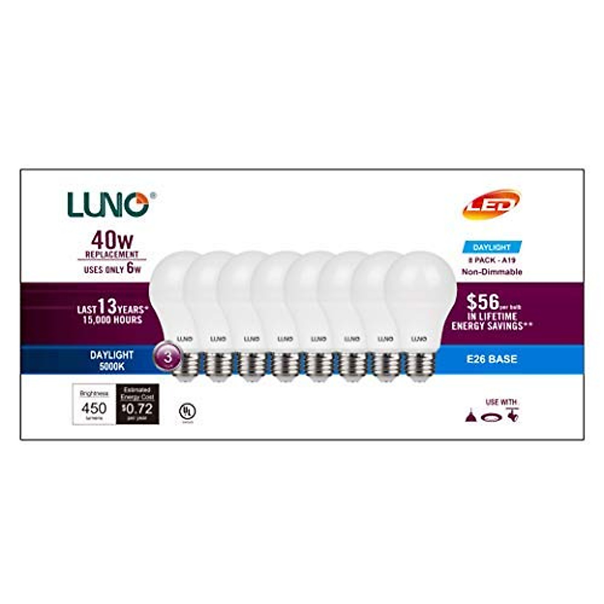 LUNO A19 Non-Dimmable LED Bulb, 6.0W (40W Equivalent), 450 Lumens, 5000K (Daylight), Medium Base (E26), UL Certified (8-Pack)