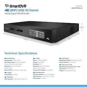 Amcrest 4K UltraHD 16 Channel AI DVR Security Camera System Recorder, 8MP Security DVR for Analog Security Cameras & Amcrest IP Cameras, AI Smart DVR, HDD & Cameras NOT Included (AMDV5116-I3)