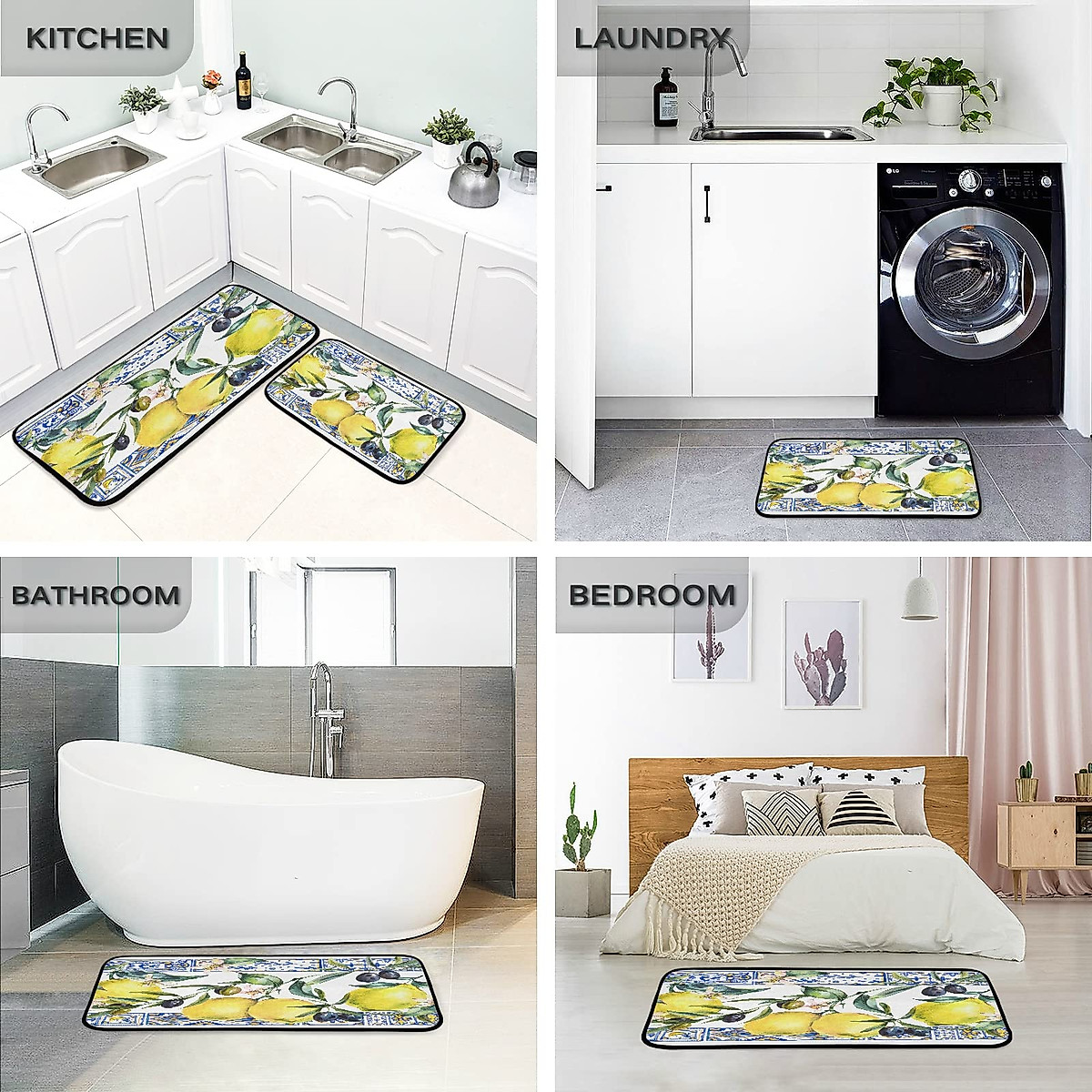 Washable Kitchen Rugs Set 2 Piece Watercolor Lemon Olive Branches Anti Fatigue Floor Mats Bathroom Carpet, 27"x19" and 47"x19"