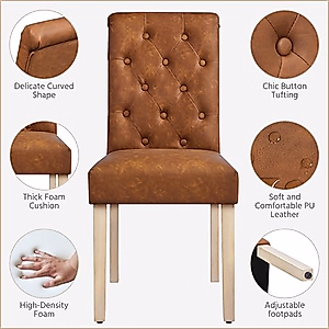 Yaheetech Upholstered Parsons Dining Chairs Set of 6, Faux Leather Button Tufted Chairs with High Back & Padded Seat & Solid Wood Legs for Kitchen Living Room Lounge, Retro Brown