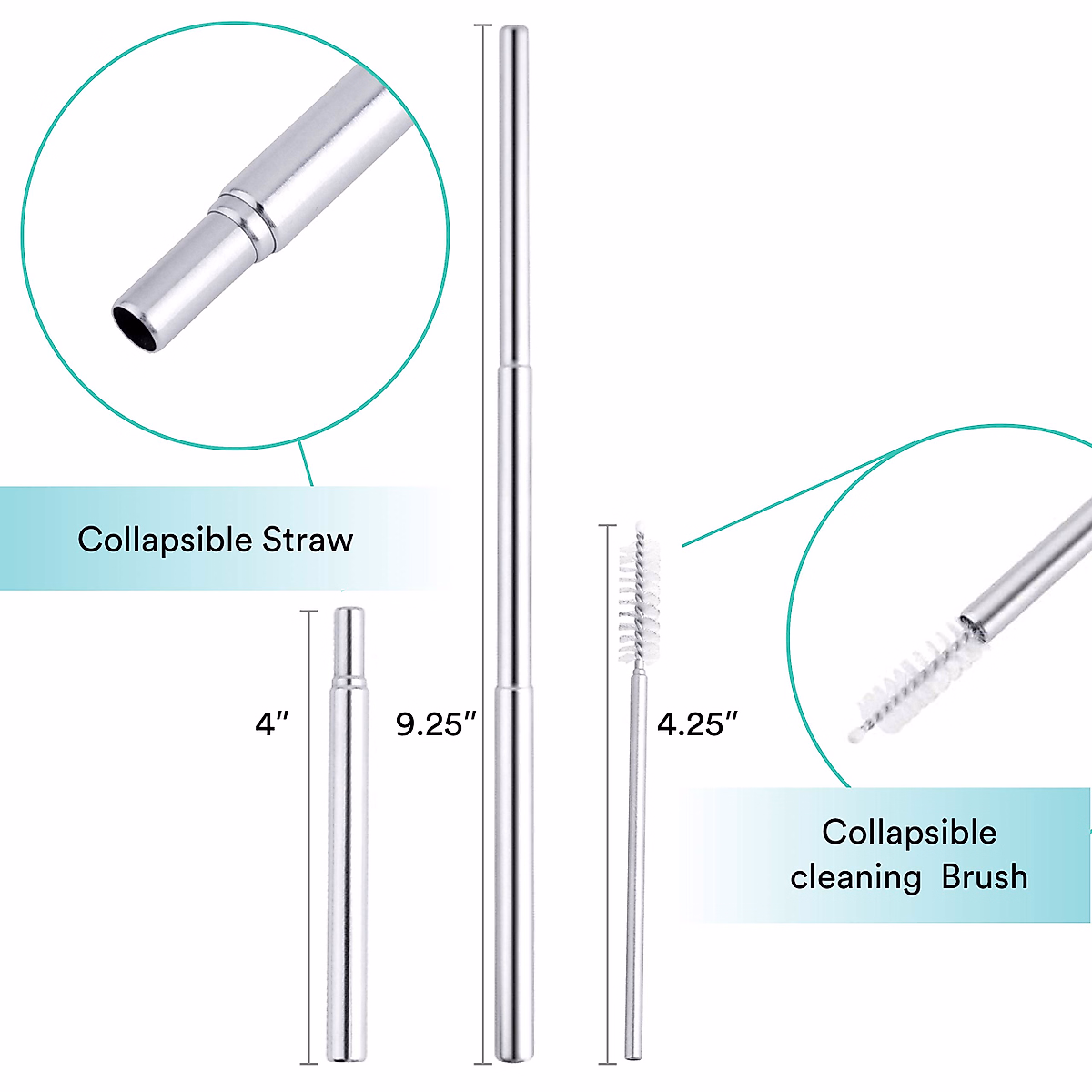 3PACK Eco-Pals | Straws Drinking Reusable Folding Straw | Stainless Steel Straw | Dishwasher Safe (Charcoal + Seafoam +Unicorn)
