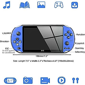 Handheld Game Console 5.1 inch Pro Retro Games Consoles Built-in Classic Games Rechargeable Battery Portable Style Game Consoles X12 Blue