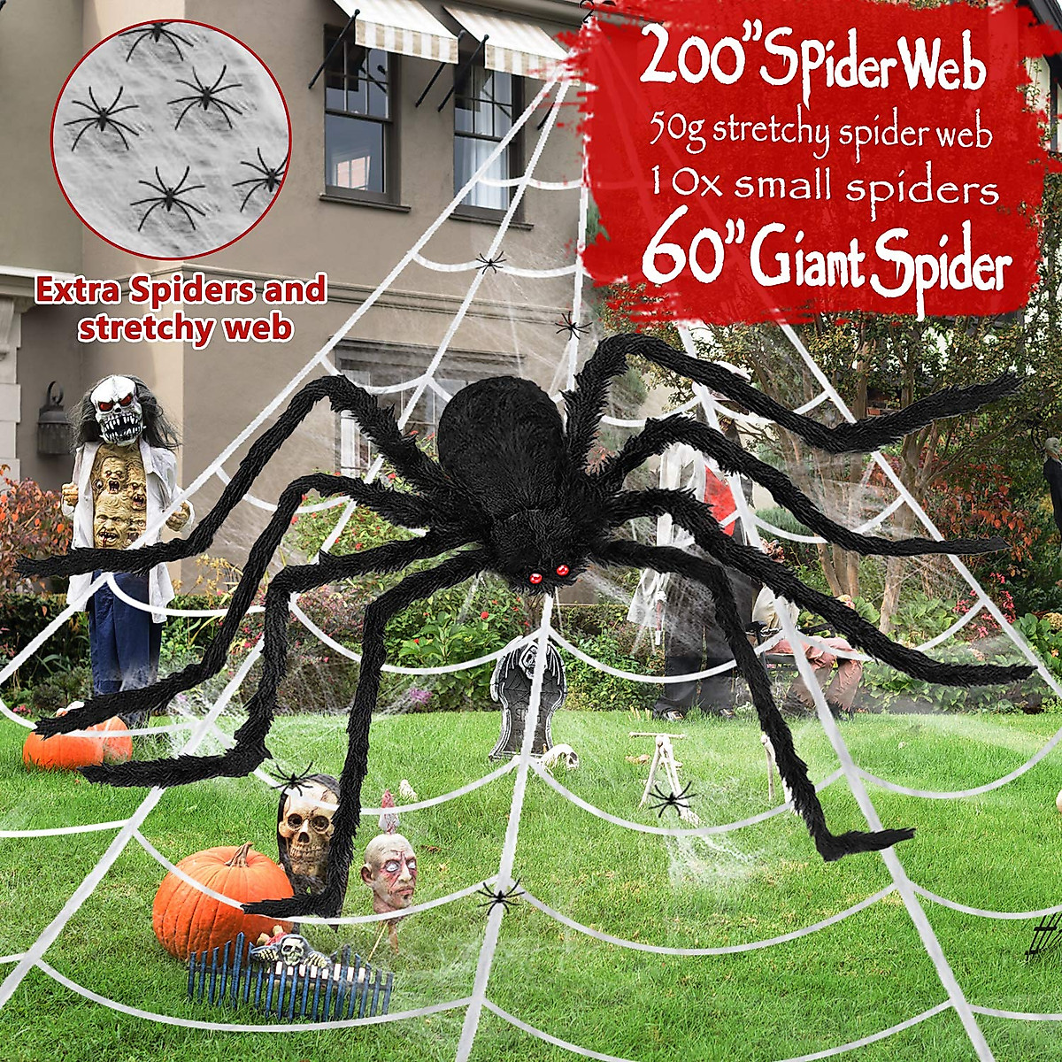Halloween Decorations Outdoor, 200" Spider Web 60" Giant Spider with Extra Stretch Cobwebs and 10 Small Plastic Spiders, Halloween Outdoor Scary Decorations Yard Home Outside Parties House Décor