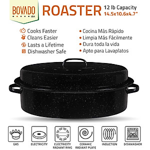 Bovado USA 15.25" Inch 12 lb Capacity Enamel Oval Turkey Roaster Pan + Lid - Thanksgiving Gift, Covered, Non-sticky, Chemical Free, Dishwasher Safe - (14.5 Inch Inner) Rôtissoire (Capacité de 5.45 kg)