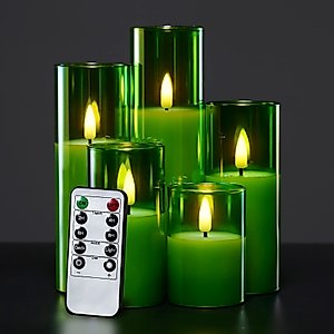 Girimax Green Glass Flameless Candles with Remote, Flickering LED Votive Pillar Candles Battery Operated Slim Tall Candles Φ 2" H 3" 4" 5" 6" 7"