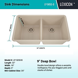 32" x 19" Quartz Kitchen Sink, 50/50 Double Bowl Kitchen Sinks, Drop-in Sink, Undermount Sink, Galaxy Beige Kitchen Sink, Double Sink Kitchen, Grids, Strainer and Flange, Lexicon Platinum LP-5050-B