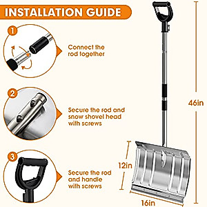 Snow Shovel for Driveway, 46 inches Aluminum Snow Pusher Shovel with D-Grip Handle Heavy Duty Metal Snow Shovels for Car Home Garage Garden