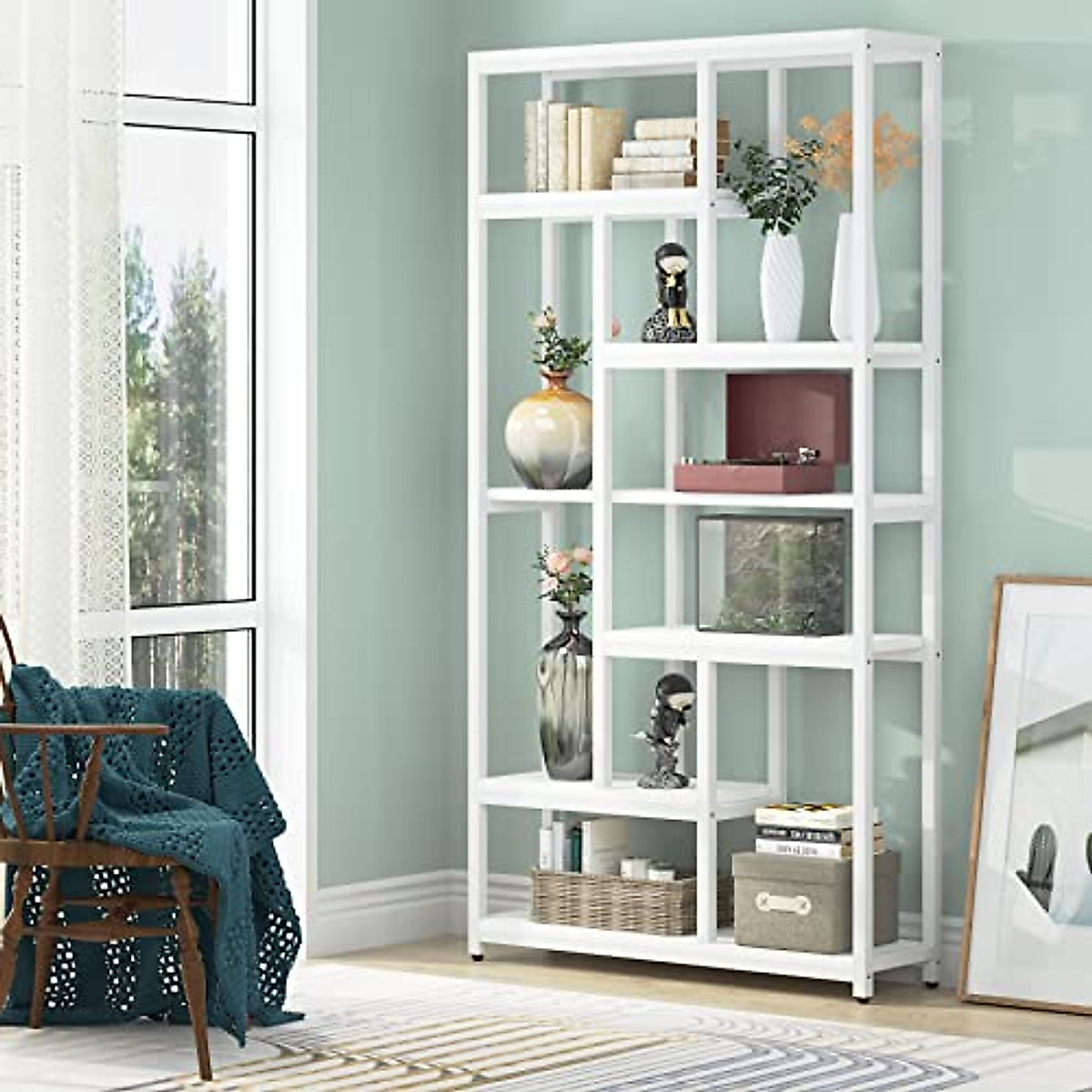 LITTLE TREE 78.7” Tall Bookshelf Industrial Bookcase for Living Room Home Office,White