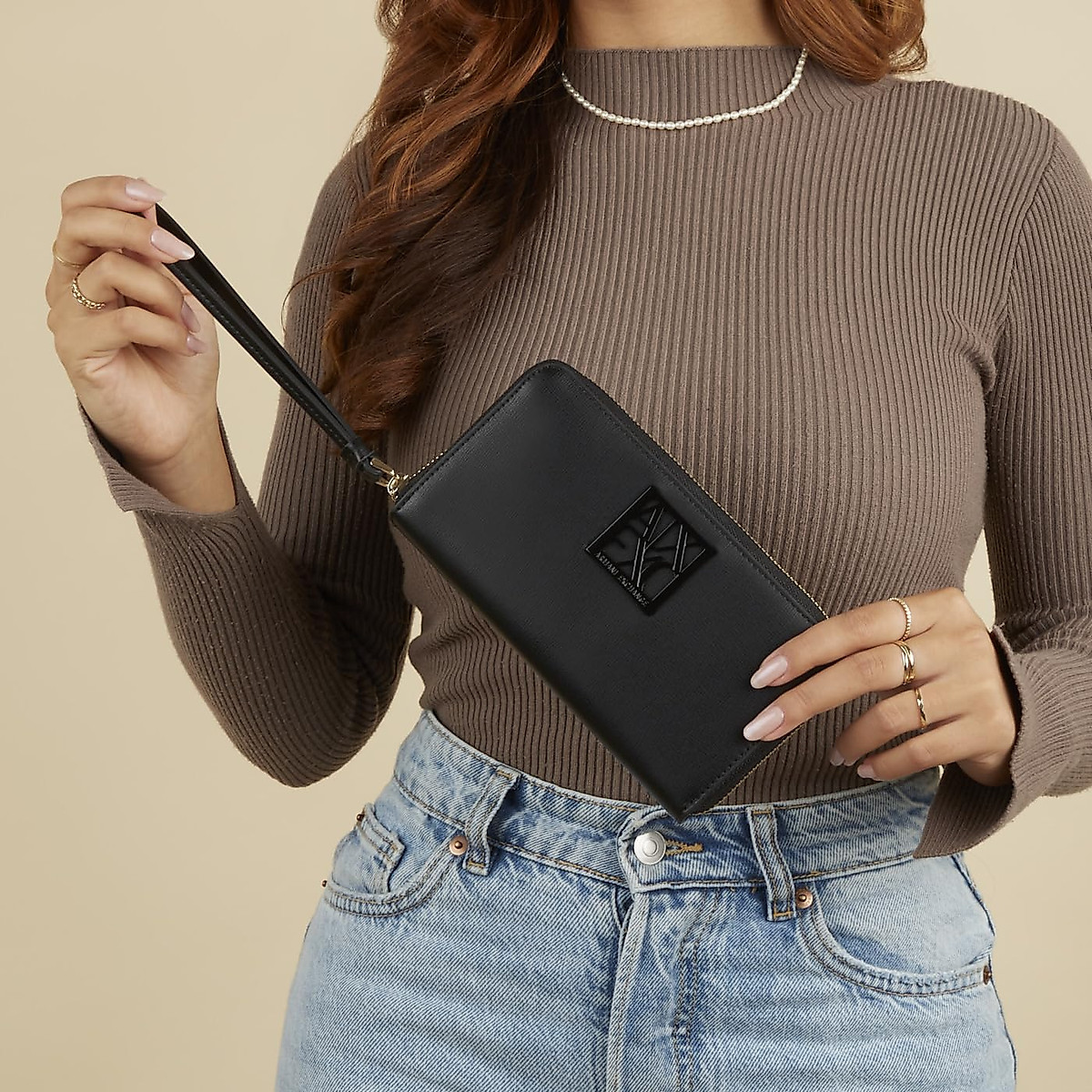 A|X Armani Exchange Women's Logo Zip Around Wallet Wristlet Wrislet Bag, Black, One Size