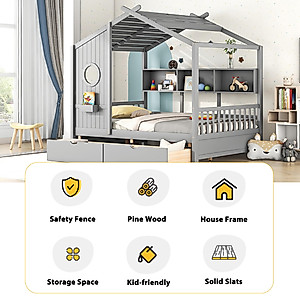 Bellemave Full Size House Bed with 2 Storage Drawers,Kids Bed with Storage Shelves,Wooden House Bed Frame for Girls,Boys,Can be Decorated,Gray