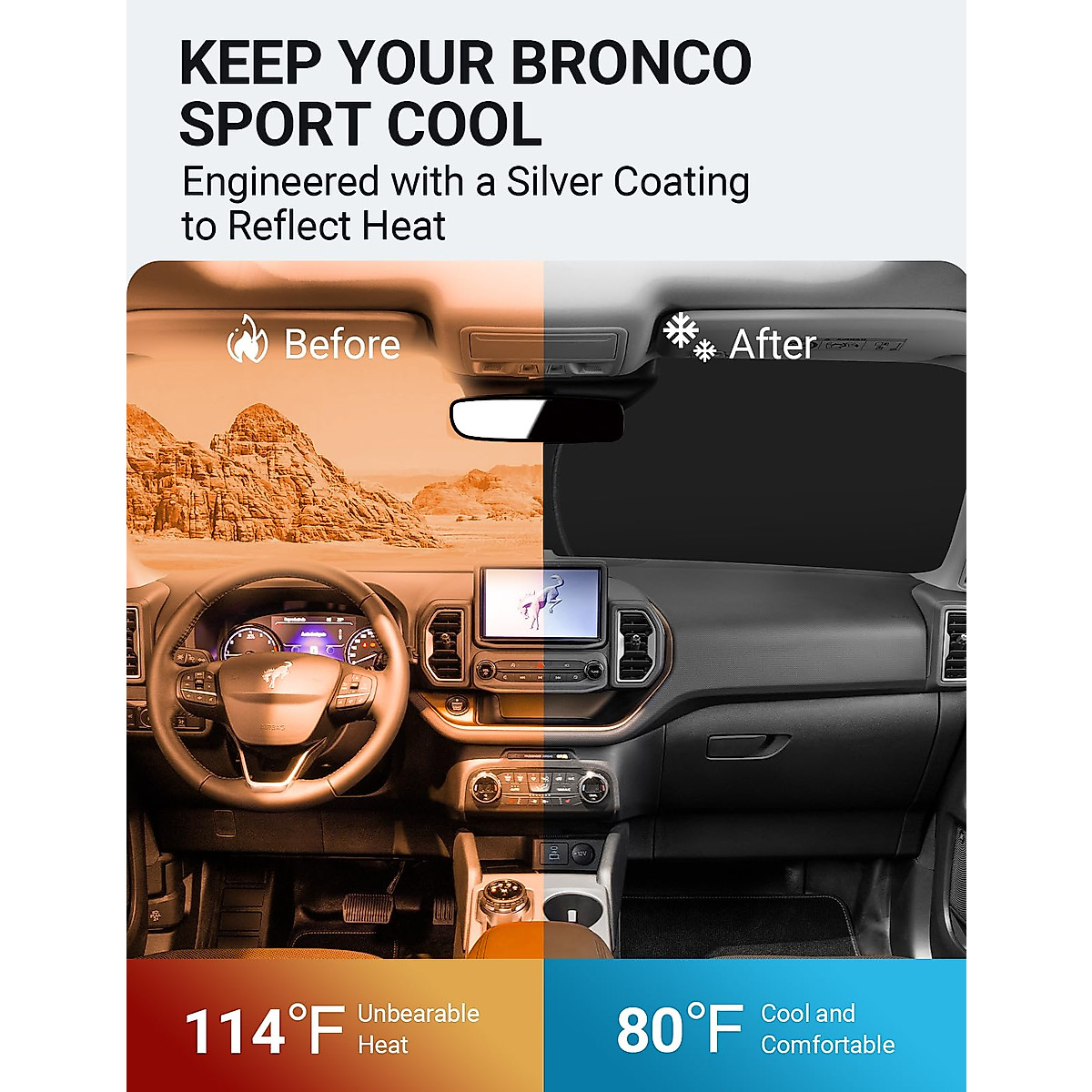 Proadsy 2024 Upgrade Front Windshield Sun Shade Foldable Sunshade Protector Custom Fit 2024 2023 2022 2021 Ford Bronco Sport Accessories