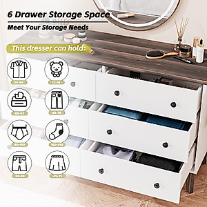 JOZZBY 6 Drawer Dresser for Bedroom, White Wood Double Dresser with Metal Handles, Modern Mid-Century Chest Organizer Storage Drawer for Office, Hallway, Living Room