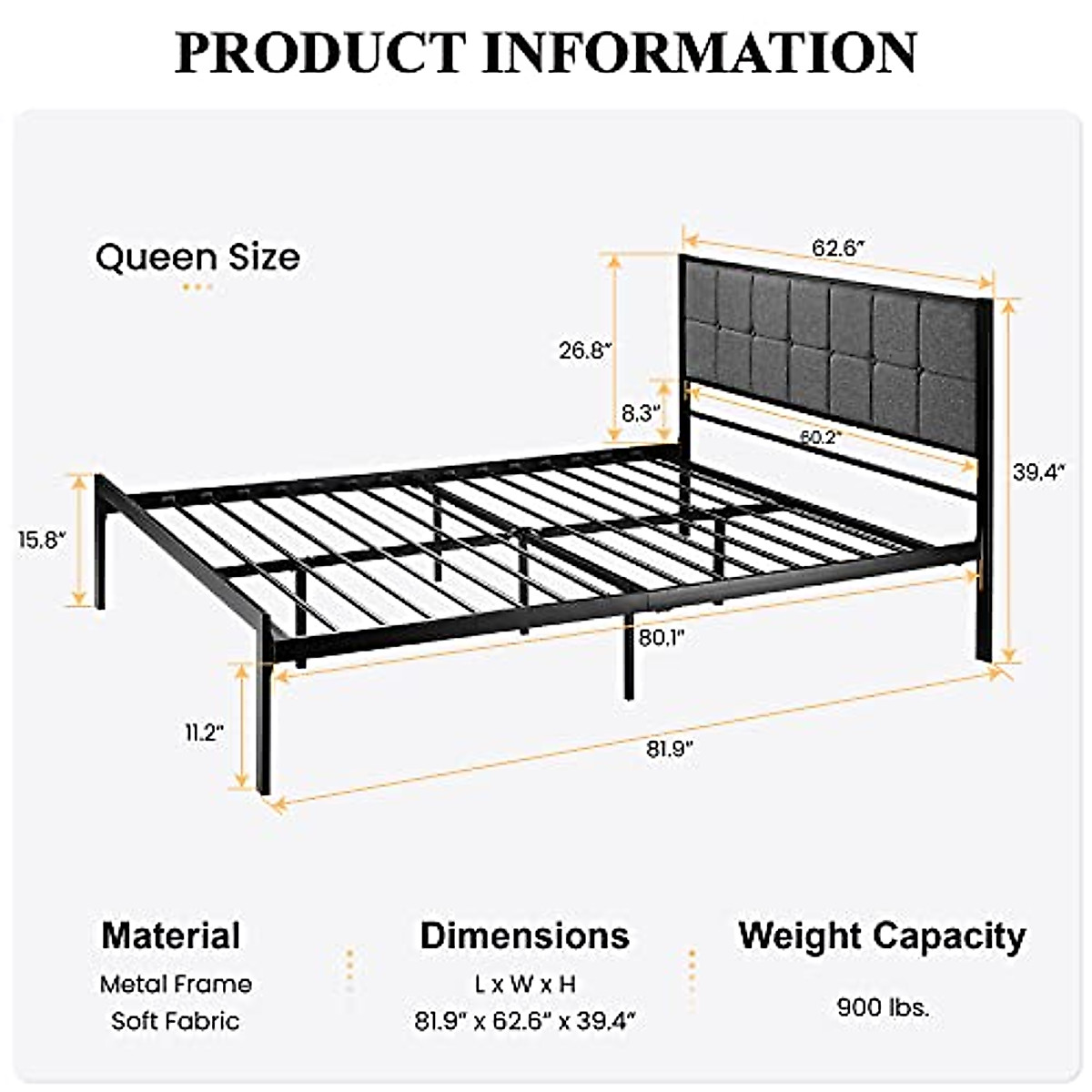 SHA CERLIN Queen Size Bed Frame with Upholstered Headboard, Metal Platform Bed Frame with 17 Steel Slats Support, Mattress Foundation, No Box Spring Needed, Noise Free, Easy Assembly, Dark Grey