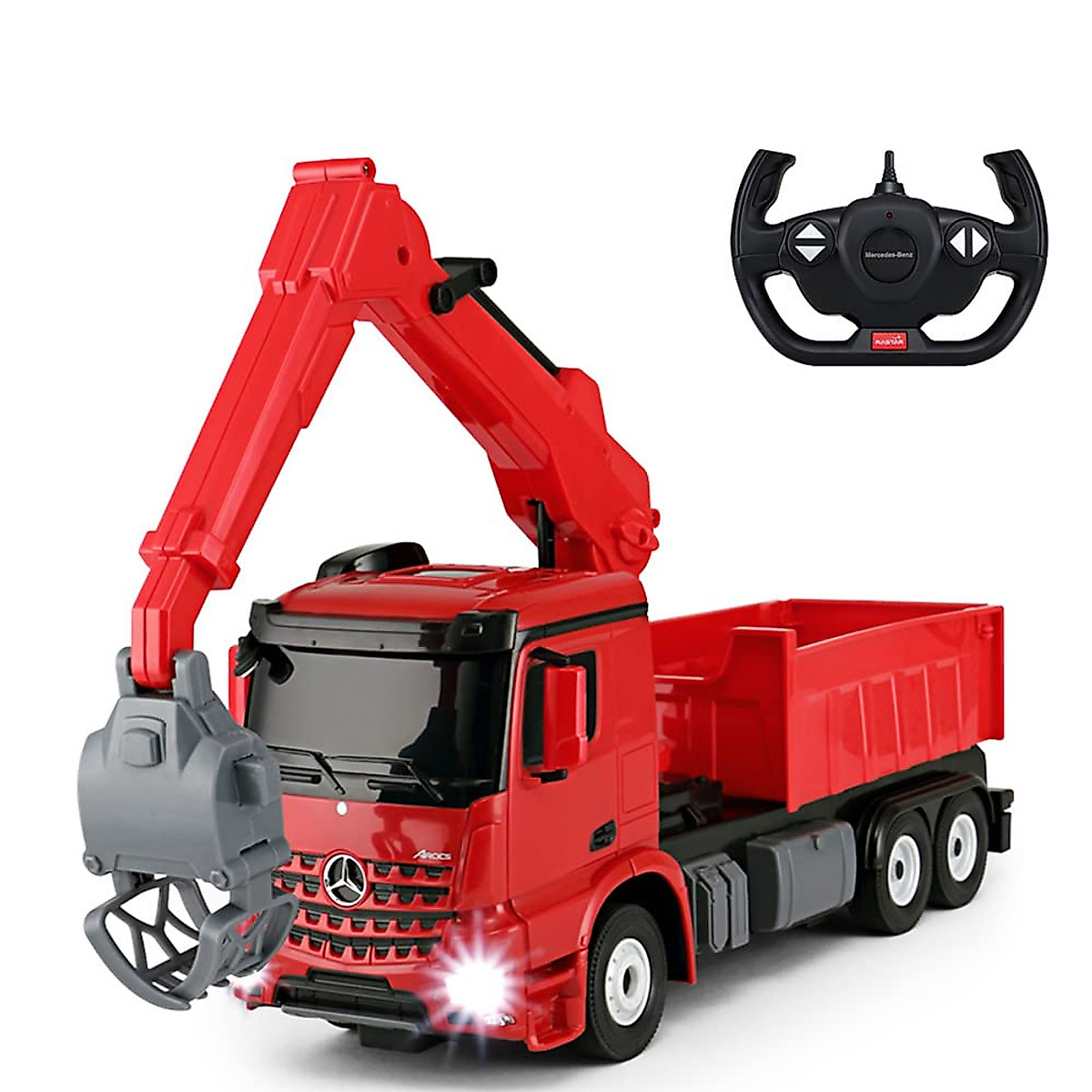 RASTAR RC Logging Truck Toys 1:24 Scale Mercedes-Benz Arocs Remote Control Dump Truck RC Construction Vehicles with Lights/Crane Arm 2.4GHz, RC Truck for Boys Kids Adults