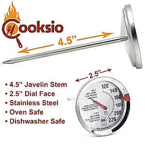 Cooksio 2.5 inch Analog Dial Oven Safe Meat Thermometer -Leave in Meat Thermometer for Oven - Deep Fry Thermometer for Meat, Chicken, Turkey, Deep Frying, Oil & Candle Making - Oven, & Dishwasher Safe