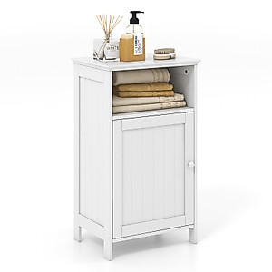 Tangkula Bathroom Storage Cabinet, Freestanding Wood Single Door Side Floor Cabinet with Adjustable Shelf, Small Bathroom Cabinet for Small Spaces, for Bathroom Living Room (White)