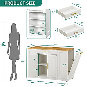 YITAHOME 53 inch Large Rolling Kitchen Island with Trash Can Storage Cabinet, Portable Mobile Islands Table Long Floating Movable w Wheels Cabinet for 13 Gallon Garbage Bin 2 Drawer, White Oak