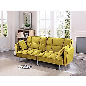 Container Furniture Direct Regal Convertible Sleeper Sofa Bed, Velvet Pull Out Couch with Mid-Century Style, Tufted Design and Metal Legs, Ideal for for Guests and Sleepovers, Greenish Yellow