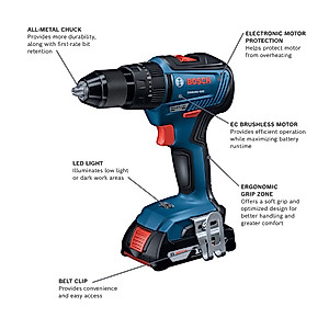 BOSCH GSB18V-490B12 18V EC Brushless 1/2 In. Hammer Drill/Driver Kit with (1) 2 Ah Standard Power Battery