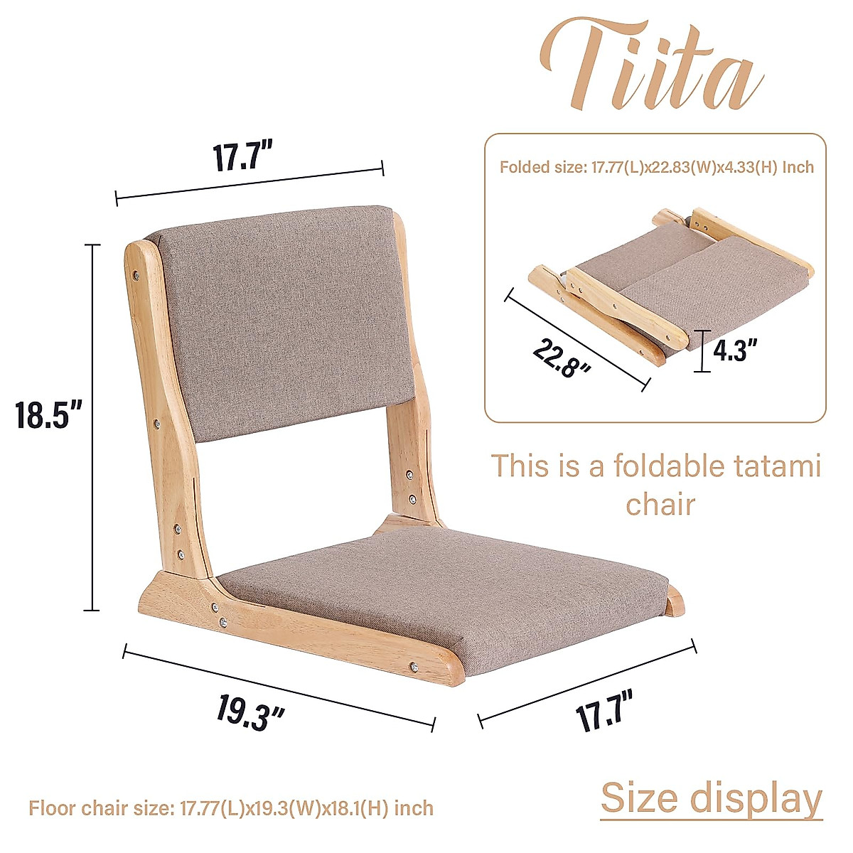 Tatami Chair Accent Furniture, Foldable Meditation Floor Chair, Folding Floor Chairs Seat, Portable Japanese Legless Chair, Back Rest Chair with Cushion, Wood Grey