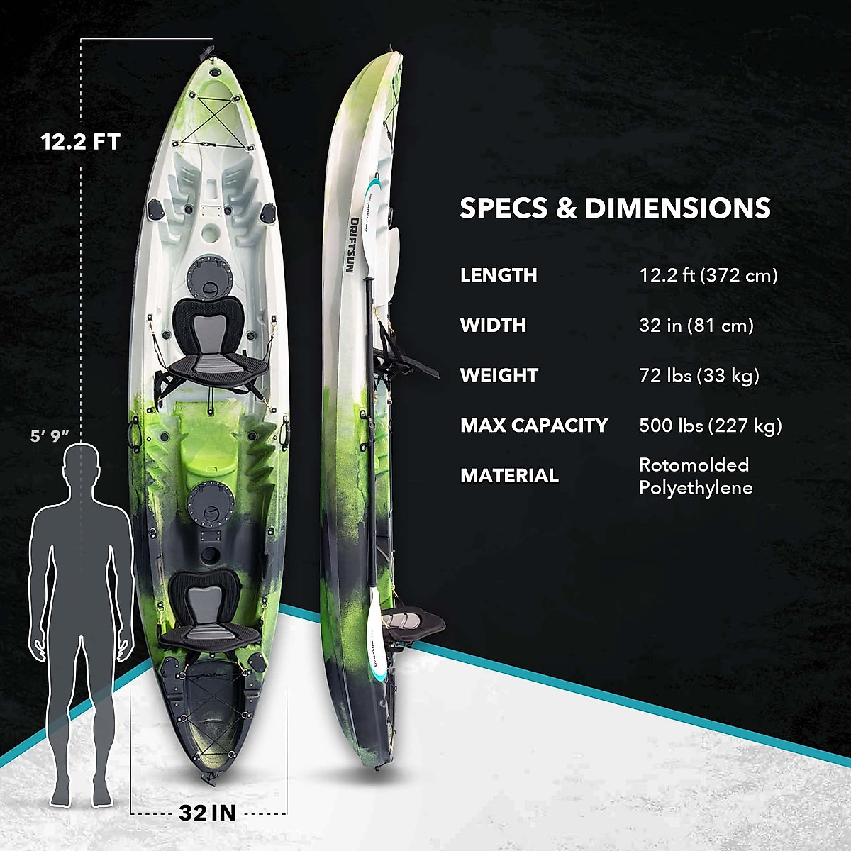 DRIFTSUN Teton 120 Hard Shell Kayak, 2 or 3 Person Sit On Top Fishing Kayak with 2 EVA Padded Seats, Includes 2 Aluminum Paddles and Fishing Rod Holder Mounts