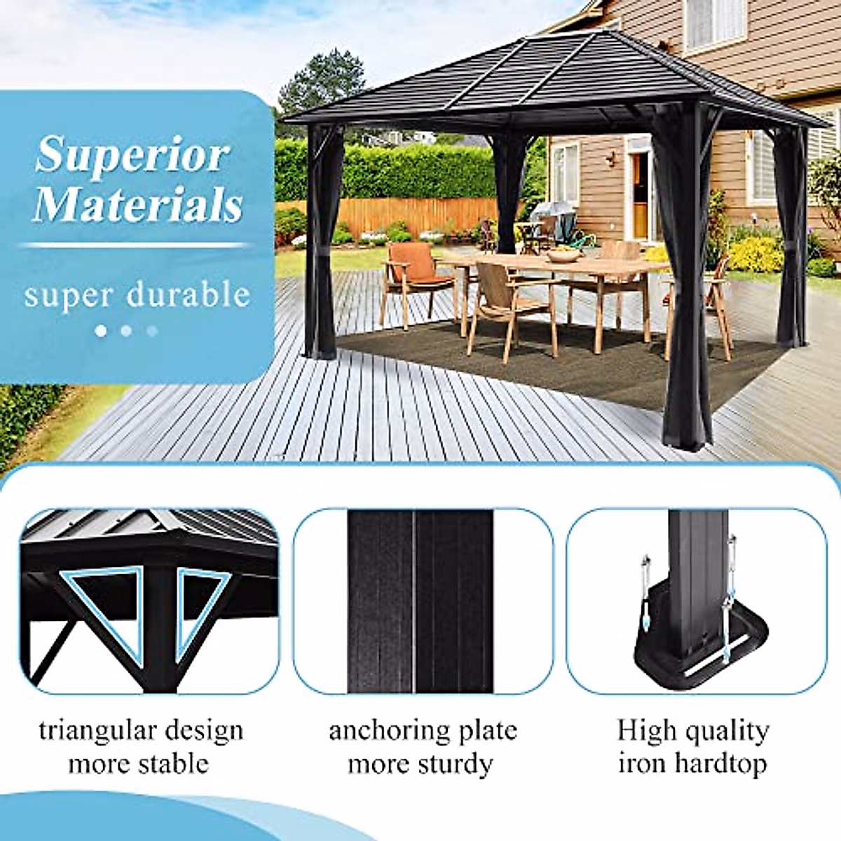 Funny Sunny 10' x 12' Patio Hardtop Gazebo - Outdoor Heavy Duty Gazebo with Aluminum Frame, Galvanized Hardtop Gazebo with Breathable Netting for Garden, Lawns, Party, Poolside