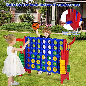 Costzon Giant 4-in-A-Row, Jumbo 4-to-Score Giant Game w/Basketball Hoop, Ring Toss, Quick-Release Slider, 42 Jumbo Rings, Indoor Outdoor Family Connect Game for Kids & Adults, Backyard Games, Red