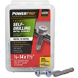 Power Pro Premium Self-Drilling Metal Screws, Zinc Plated Steel, Hex Washer Head Metal to Metal Winged Point Screws, Silver, ¼ x 1-½ inches, Box of 37 Screws