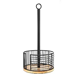 Countertop Paper Towel Holder - Black Metal Wire Kitchen Roll Holder with Wooden Base - Farmhouse Paper Towel Stand