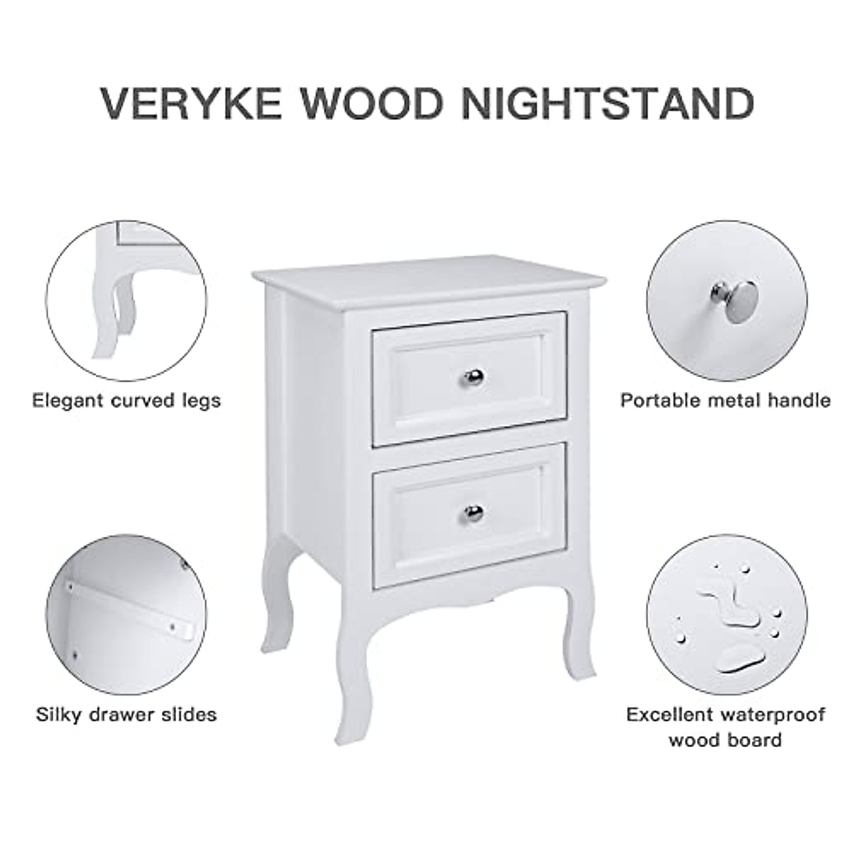 VERYKE White Nightstand Set of 2 with 2 Drawers Small Bed Side Cabinet Storage with Metal Handle Farmhouse Night Stands for Small Spaces,Living Room,Bedroom