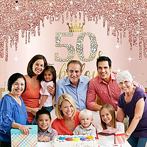 Rose Gold 50th Birthday Banner Party Decorations for Women, Pink Rose Gold 50 & Fabulous Happy 50th Birthday Banner Party Supplies, Fifty Years Old Bday Background Photo Sign for Indoor Outdoor