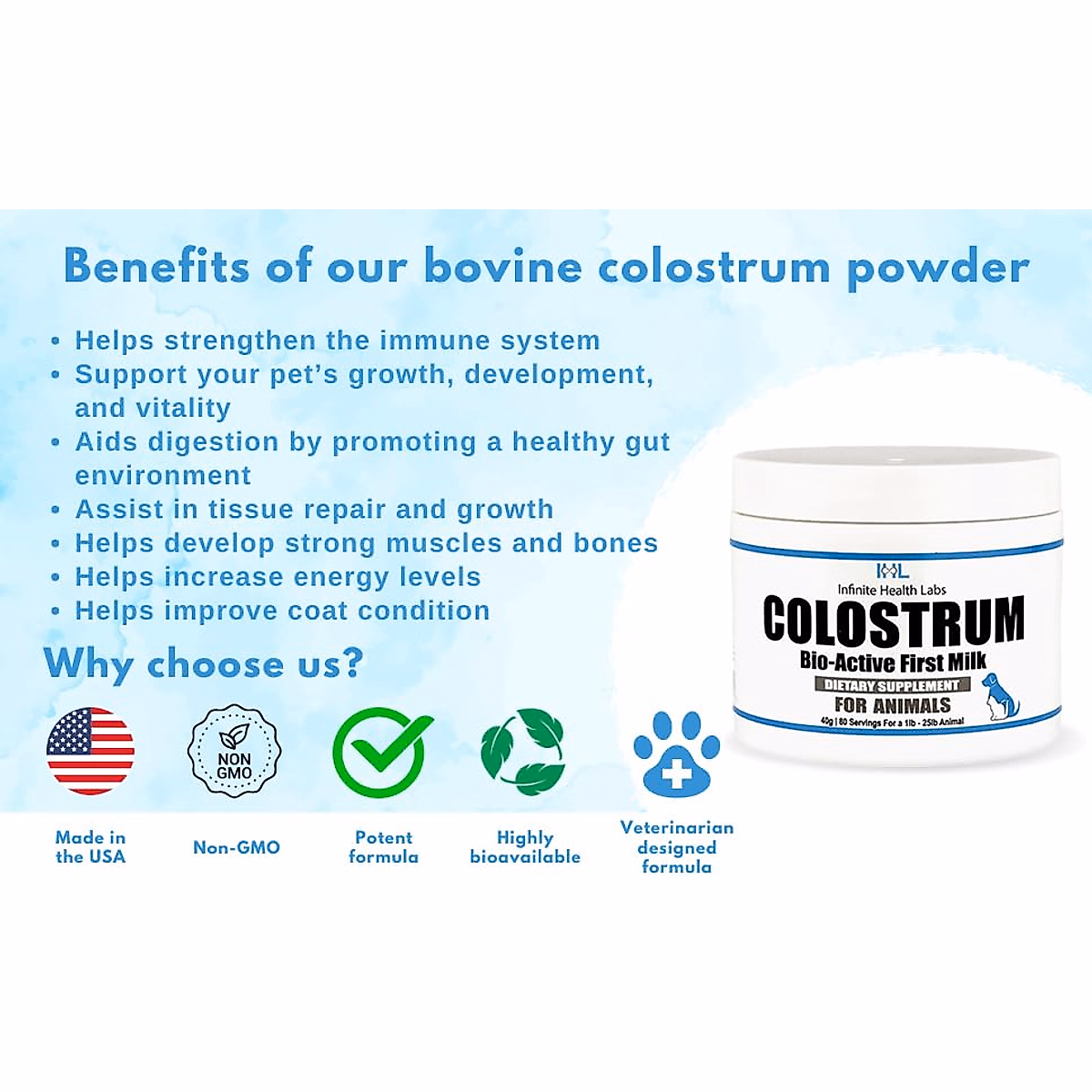 Infinite Health Labs Bio-Active Bovine Colostrum for Dogs, Cats, Puppies, Kittens & Pets - Daily Colostrum Powder Supplement 40g (80 Servings)