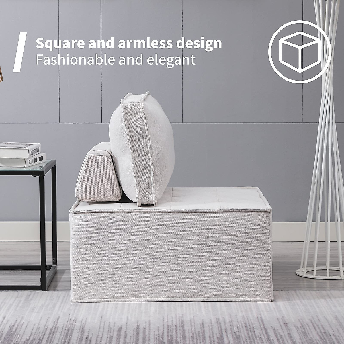 ZAFLY Single Couch, Single Seat Sofa, Armless Floor Sofa with Movable Back Cushion, Small Couch Modern Style Sofa & Couch for Living Room Bedroom, 1PCS (Beige)