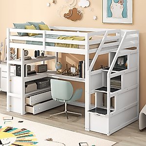 Harper & Bright Designs Twin Size Loft Bed with Desk and Storage Stairs, Wood Loft Bed Twin with Shelves & Storage Drawers,Twin Loft Bed with Desk Underneath for Kids Teens Boys Girls (Twin, White)