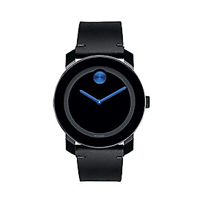 Movado Men's BOLD TR90 Watch with Sunray Dot and Leather Strap, Black/Blue (Model 3600307)