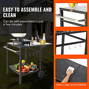 VEVOR Outdoor Grill Dining Cart with Double-Shelf, BBQ Movable Food Prep Table, Multifunctional Foldable Iron Table Top, Portable Modular Carts for Pizza Oven, Worktable with 2 Wheels, Carry Handle