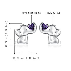 925 Sterling Silver Elephant Earrings Stud Birthstone Hypoallergenic Cute Animal Earrings Jewelry Gift for Women (Purple)