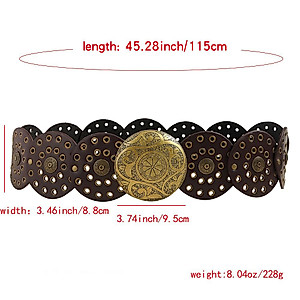 Concho Belts for Women Western Style, Vintage Wide Leather Belt, Circle Whippy Concho Belts, Boho Moroccan Belt Black (Brown, 115cm/45in)