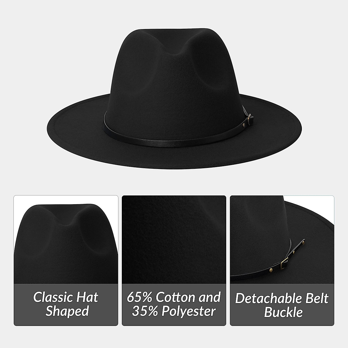jingsha Fedora Hats for Men & Women Wide Brim Fedora Felt Panama Hat Men's Dress Hats with Belt Buckle