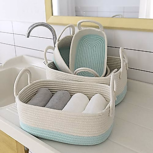 LA JOLIE MUSE 15 Inch Cotton Rope Woven Storage Basket Set of 4, Stackable Multipurpose Organizer Bins with Handles, White & Mint Green