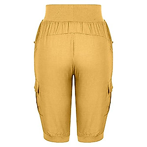 lightenung Deals fold Over Yoga Pants for Women Capri Pants for Women Plus Size Cotton Linen Cropped Pants Drawstring Elastic Waist Cargo Capri Pants for Work Yellow S