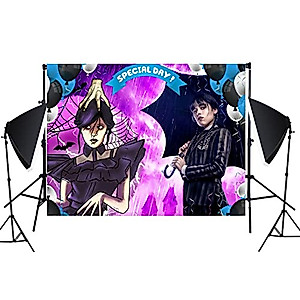 Wednesday Addams Backdrop Birthday Banner Decorations 60x40in Kids Birthday Photography Family Cartoon Happy Birthday Party Supplies,Vinyl 5x3ft