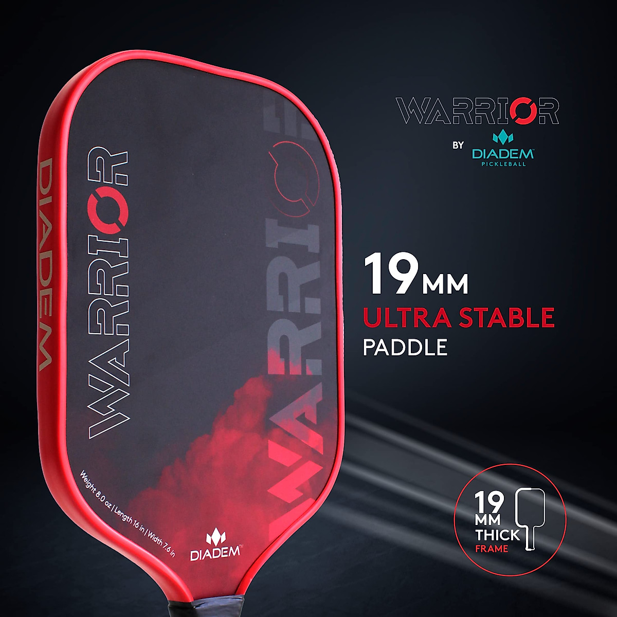 Diadem Warrior Pickleball Paddle | 3X L-Core Hybrid Nomex Polymer Honeycomb Core, Grit Paint Surface for Spin, Control and Power | Indoor/Outdoor | USAPA Approved (Red)