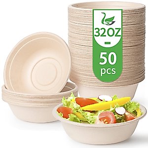 Green Tree Products Disposable Paper Bowls, 32 Oz [50 Pack] Large Bowl-100% Compostable, Biodegradable, Eco-friendly - Convenient for Daily Use for Salad, Hot Soup, and Pasta