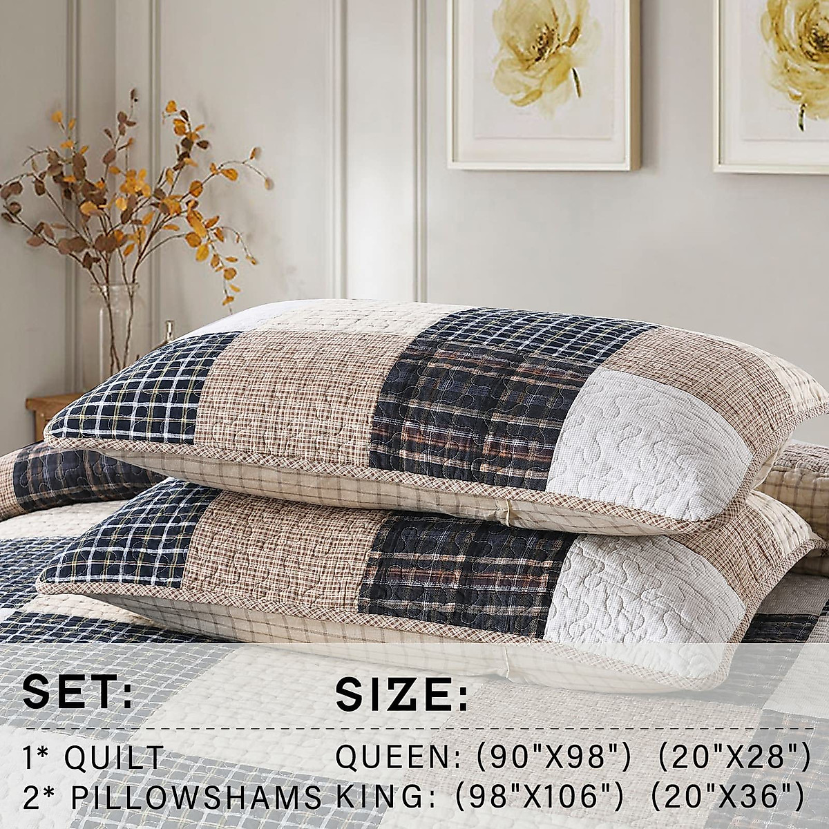 PERHOM 100% Cotton King Size Quilt Set - Lightweight Bedding Set, Real-Patchwork Plaid Pattern Printed Farmhouse Bedspreads, Soft Reversible Coverlet Comforter for All Season, 3 Pieces