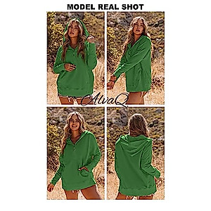AlvaQ Women Casual Henley Hoodie Pullover Oversize V Neck Long Sleeve Button Down Sweatshirt with Pocket Plus Size Green, XX-Large