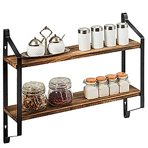Giantex Wall-Mounted Wood Shelf, 2-Tier Floating Shelves, Rustic Storage Shelves for Pantry Kitchen Living Room, Bedroom, Bathroom, Industrial 2 Tiers Wall Hanging Shelves (Black & Natural)