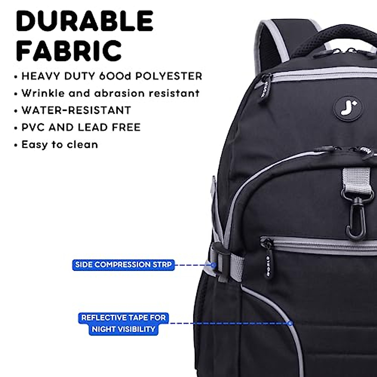 J World New York Atom Multi-Compartment Laptop Backpack, Black, 18.5 X 13 X 7.5 (H X W X D)