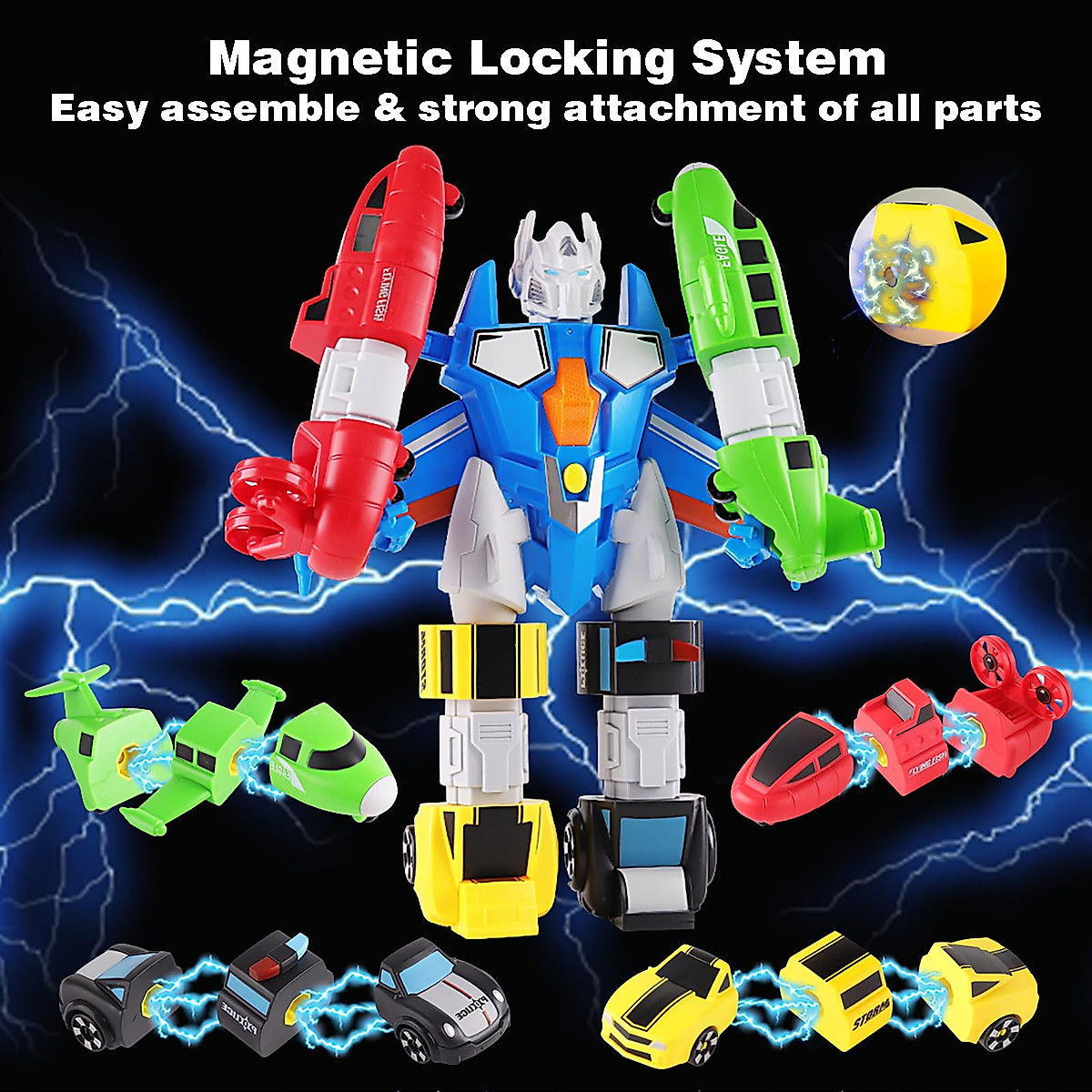 SOMMER 5-in-1 Magnetic Vehicles Toy Playset, Mix and Match STEM Stacking Assembling Car Kit with Storage Box, Transform into Robot, Birthday Gift for Toddler Kids 3 4 5 6 7 Year Old Boys Girls